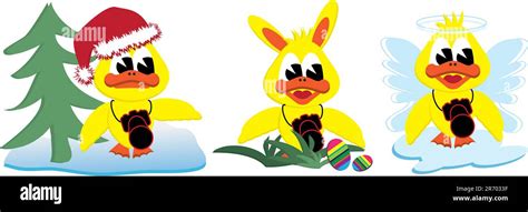 Colección de dibujos animados patos vestida de Navidad y un ángel