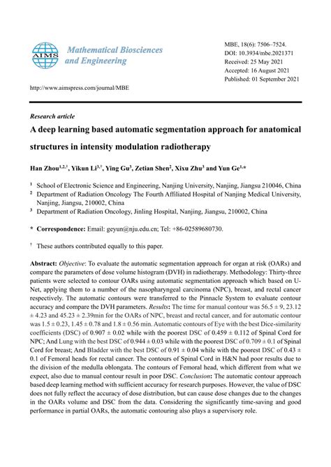 Pdf A Deep Learning Based Automatic Segmentation Approach For Anatomical Structures In