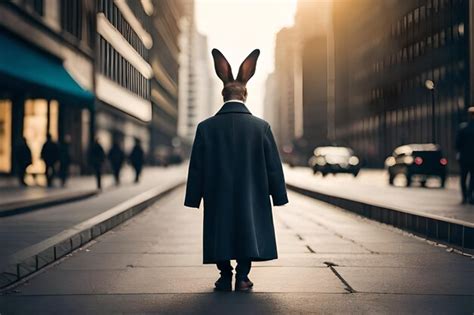 Premium AI Image A Man In A Bunny Suit Walks Down A Sidewalk