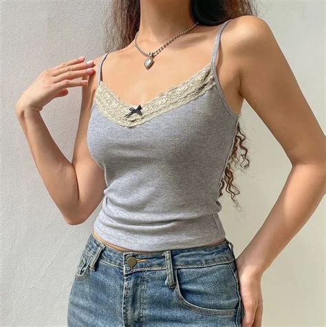 Sosana V Neck Lace Trim Bow Accent Crop Camisole Top Yesstyle