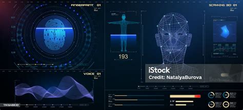 사람의 생체 인식 식별 또는 인식 시스템 안 면 인식 기술 지문 음성 인식 시스템 개념 Hud Gui Ui 요소를 설정 합니다