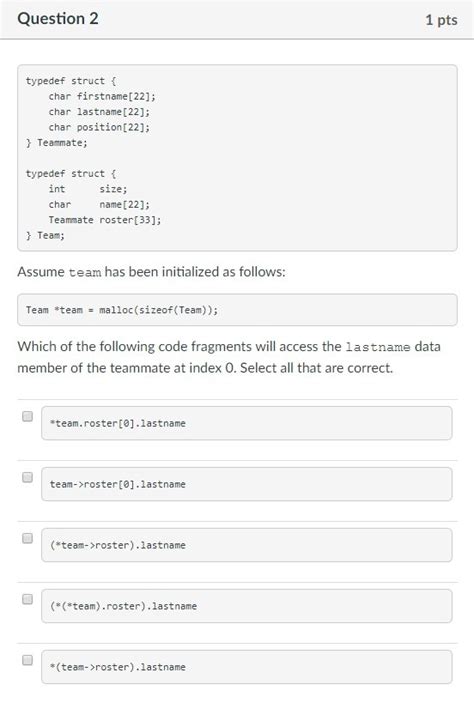 Solved Question 2 1 Pts Typedef Struct F Char Firstname Chegg