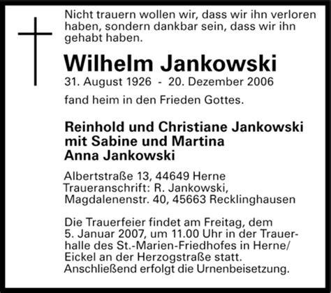 Traueranzeigen Von Wilhelm Jankowski Trauer In NRW De