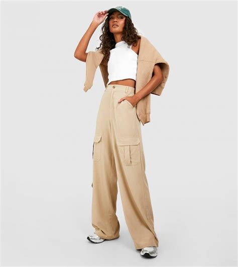Buy Boohoo Tall Pocket Detail High Waisted Wide Leg Cargo Trousers In