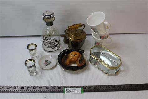 Brass Teapot 3 Mugs Decanter 2 Shot Glasses Small Plates