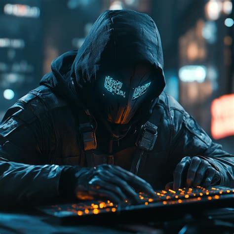 Masked Hacker With Glowing Eyes Typing In A Hightech Environment