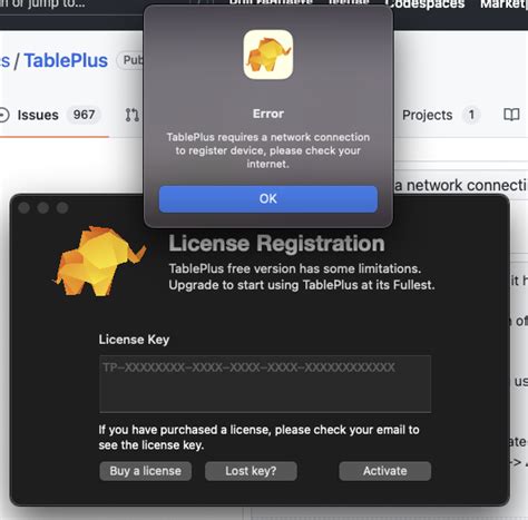 TablePlus Requires A Network Connection To Register Device Please