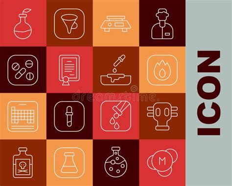 Set Line Molecule Gas Mask Fire Flame Electronic Scales Certificate