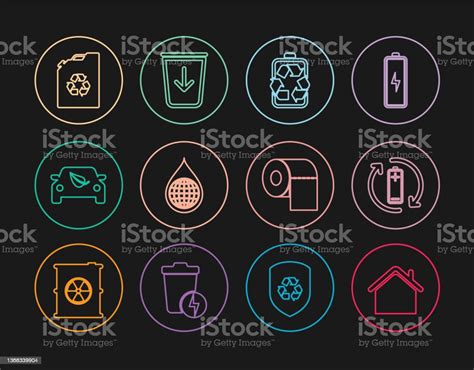 세트 라인 하우스 재활용 배터리 물 방울에 지구 행성 에코 자동차 드라이브 잎 연료 통 화장지 롤 및 쓰레기 아이콘에 보내기