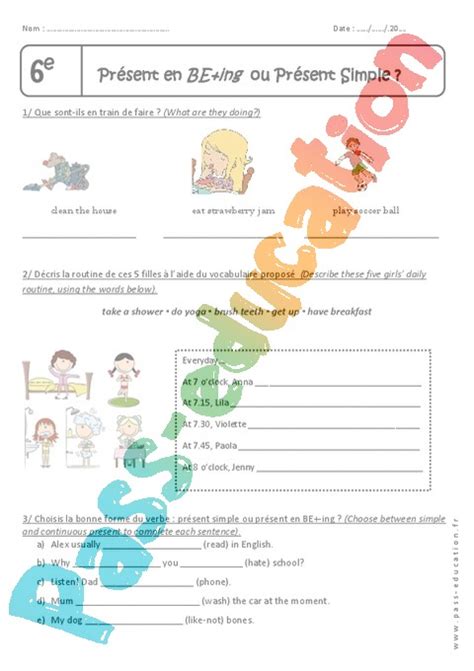 Présent en BE ING Anglais 6ème Exercices cours évaluation