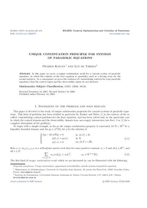 Pdf Unique Continuation Principle For Systems Of Parabolic Equations