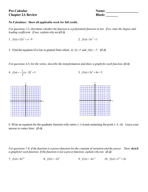 Precalc Chapter A Review Pre Calculus Name Chapter A Review Block