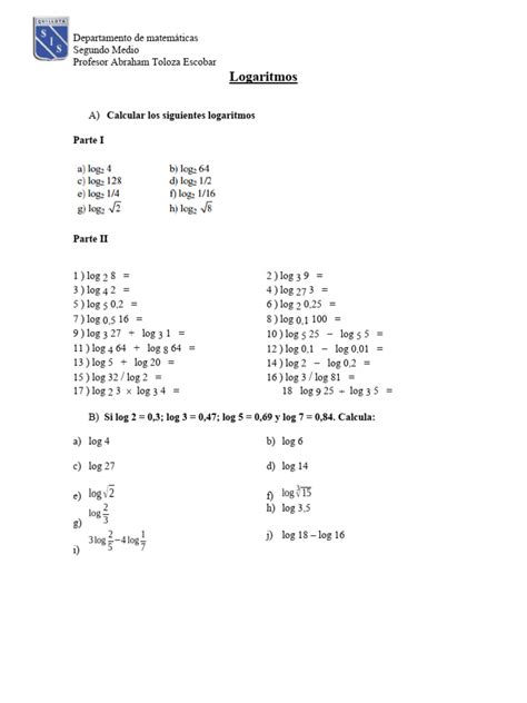 Guía De Trabajo Logaritmos I Pdf Matemáticas