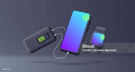 배터리 표시기가 있는 보조 배터리에서 카벨로 충전하는 스마트 시계 및 휴대폰 렌더링 블랙 3d 그래픽 보조 배터리에 대한 스톡 벡터 아트 및 기타 이미지 Istock