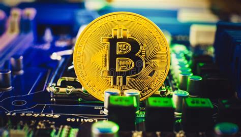Blockchain Technology Bitcoin Mining Concept Bitcoin Golden Coin On Computer Circuit Board