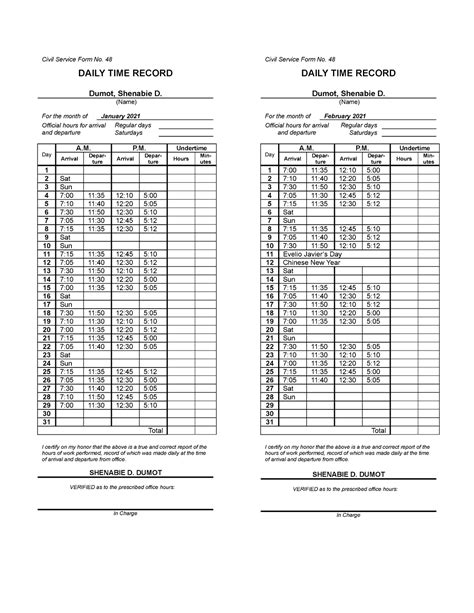 Daily Time Record Dtr Civil Service Form No 48 Daily Time Record Dumot Shenabie D Name