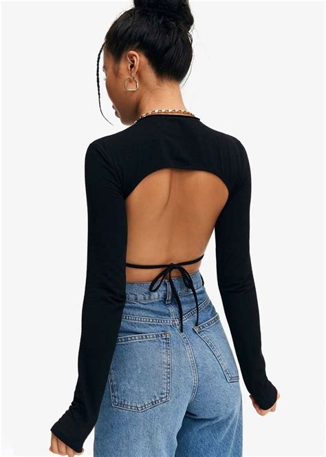 Mock Neck Tied Backless Crop Top In 2024 Curved Hem Crop Top