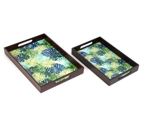Buy Green Leafy Mdf Wood Enamel Coated Rectangle Serving Trays Set Of