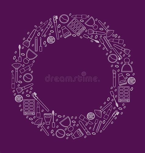 Round Frame With Makeup Pattern On Purple Background Stock Illustration