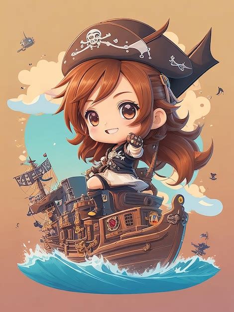 Premium Photo A Cute Chibi Character Female Pirate Piloting A Pirate Ship Ocean In The