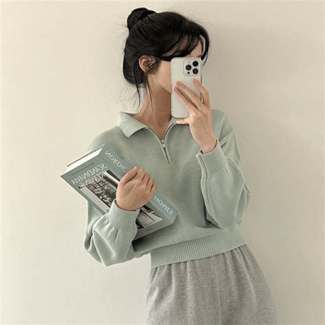 귀여움듬뿍~색감맛집 꾸안꾸 반집업 카라 긴팔니트 5color 에이블리 트렌디한 스타일 의상 코디 옷 스타일