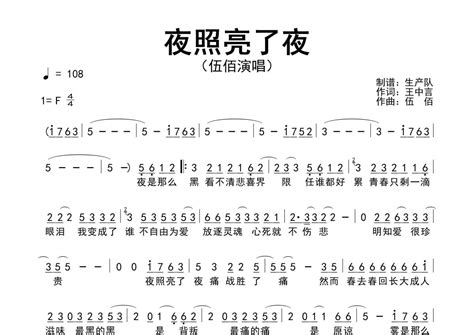 夜照亮了夜简谱 伍佰 原版简谱 琴谱网