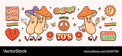Groovy Mushrooms Retro Character Set Royalty Free Vector