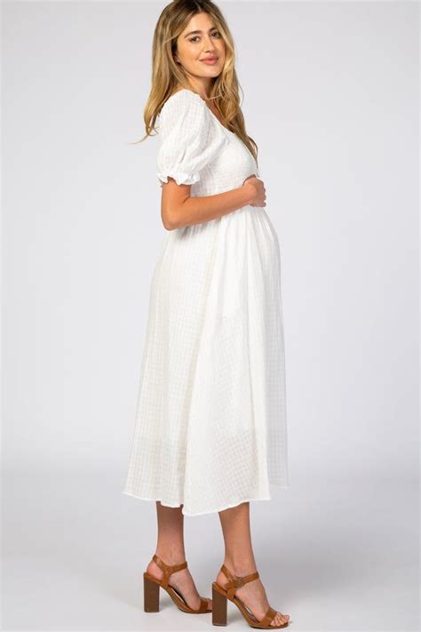 White Smocked Puff Sleeve Maternity Midi Dress White Maternity