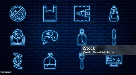 세트 라인 플라스틱 오염 일회용 칼 바다 환경 보호 고래 사망 지구 지구본과 책 쓰레기 없음 액체 비누 병 및 비닐 봉지 아이콘 벡터 개념에 대한 스톡 벡터 아트 및 기타