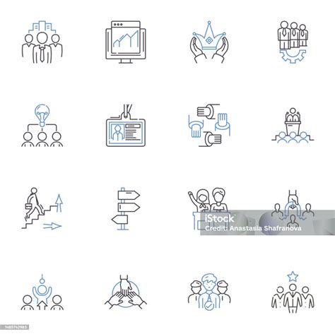 동기화된 협업 라인 아이콘 컬렉션입니다 조정 협력 시너지 통합 팀워크 정렬 Unity 벡터 및 선형 일러스트레이션 하모니 파트너십 협업 개요 표지판 세트 공동체에 대한 스톡