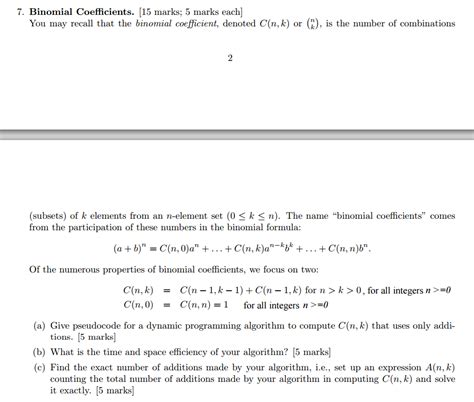Solved Binomial Coefficients Marks Marks Each You Chegg