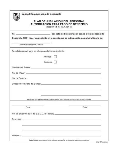 Authorization For Payment Of Benefit Srp 776 Pdf Image Association Of Retirees Of The Iadb