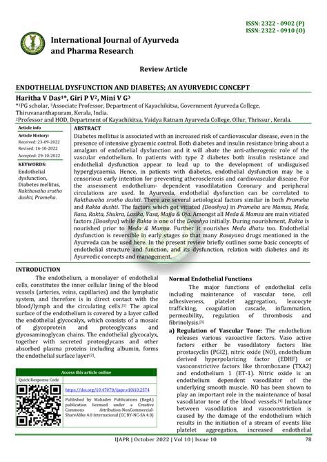 Pdf Endothelial Dysfunction And Diabetes An Ayurvedic Concept