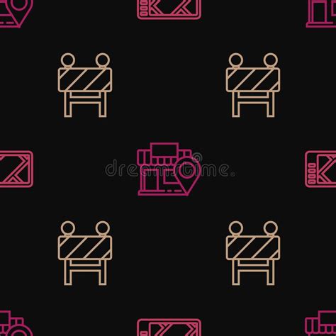 Set Line Gps Device With Map Road Barrier And Location Store On Seamless Pattern Vector Stock