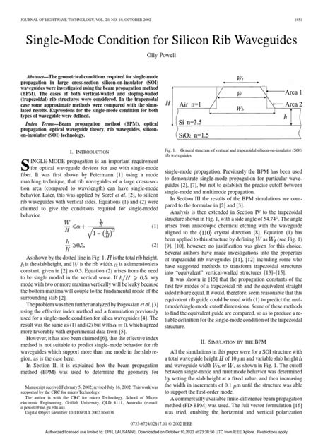 Single Mode Condition For Silicon Rib Waveguides Pdf Waveguide