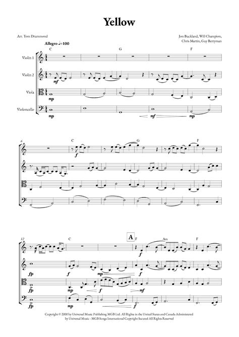 Yellow Arr Tom Drummond By Coldplay Sheet Music For String Quartet
