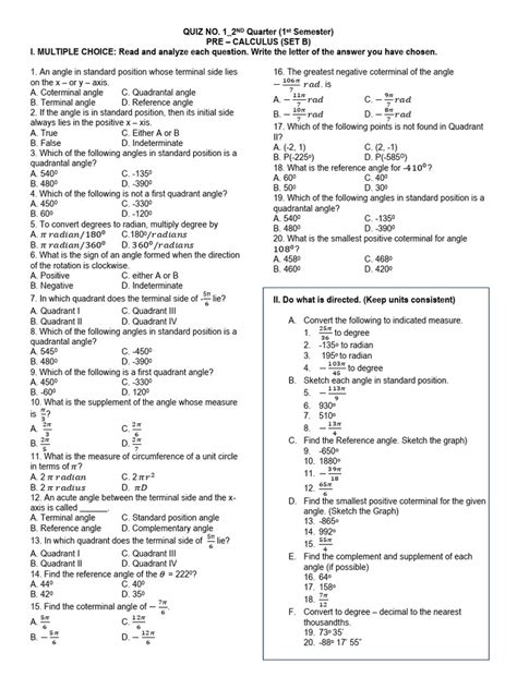 Quiz No 1 Pre Calculus 2nd Qrtrb Pdf Angle Cartesian Coordinate System
