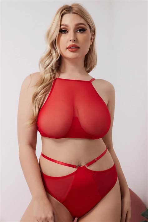 Plus Size Racy Red Mesh Bra Set Plus Size Red Lingerie Set