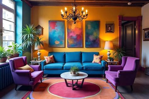 Una sala de estar con un sofá púrpura y una mesa con cuatro sillas y un candelabro Vector