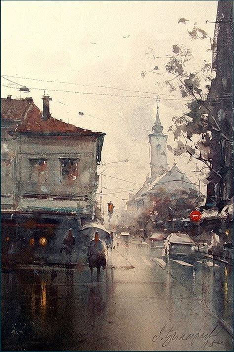 Dusan Djukaric Rainy Day In Zemun Watercolor 36x55 Cm City Painting