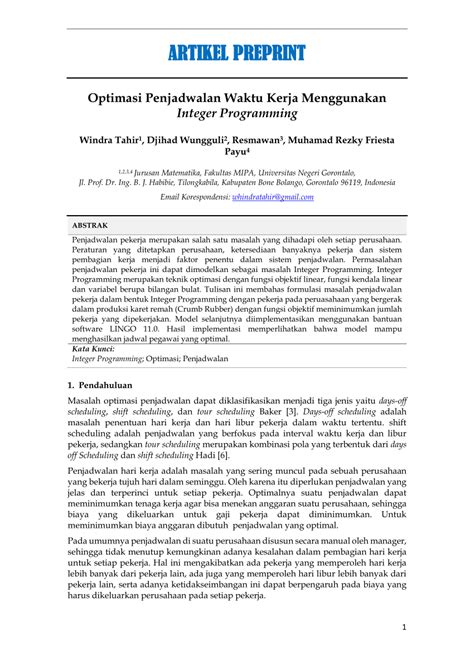 Pdf Optimasi Penjadwalan Waktu Kerja Menggunakan Integer Programming