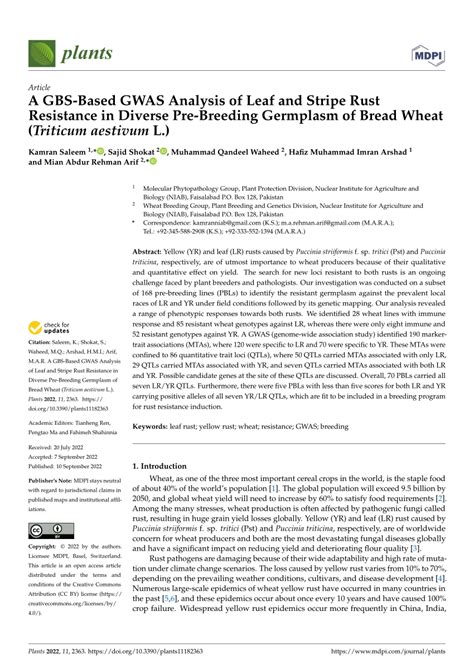 Pdf A Gbs Based Gwas Analysis Of Leaf And Stripe Rust Resistance In
