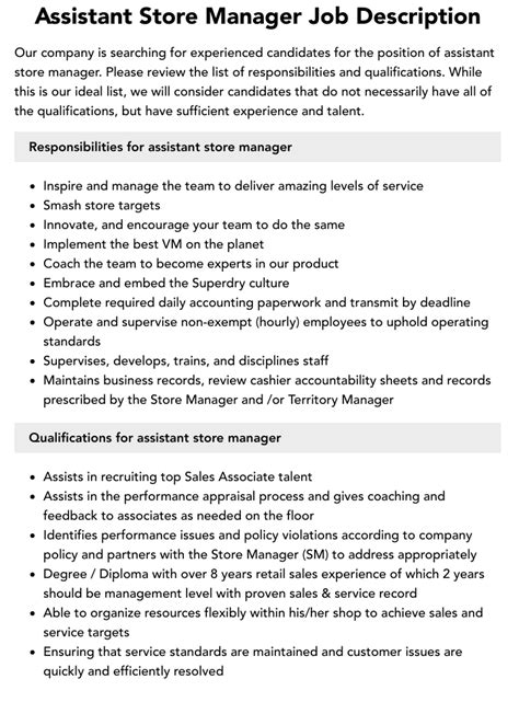 Assistant Store Manager Job Description Velvet Jobs