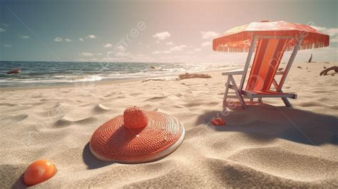 여름 여행 휴가 개념 구명 부표 공 차가운 음료 해변 의자 태양 우산과 모자 3d 렌더링에 태양 키스 모래 해변 해안 지주 만 배경 일러스트 및 사진 무료 다운로드