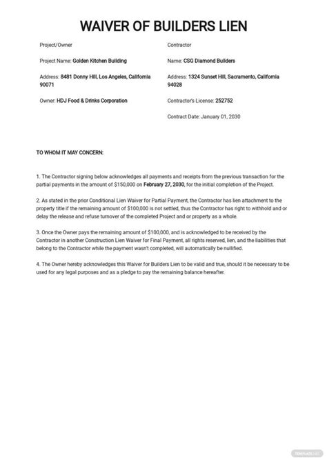 Free Editable Construction Lien Release Template Doc Sample