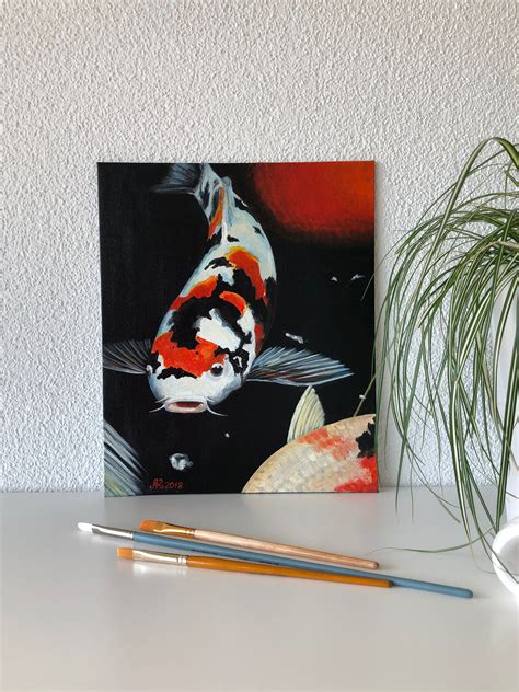 Original Koi Fish Acrylic Painting On Canvas Black Background Etsy