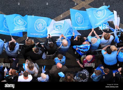 Manchester City Fans Gather For The Trophy Parade In Manchester Stock