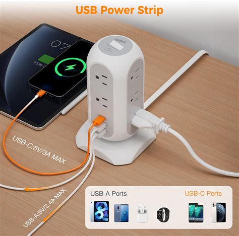 Tessan Tower Power Strip Flat Plug Extension Cord With Usb Typec Surge Protector Outlet Socket