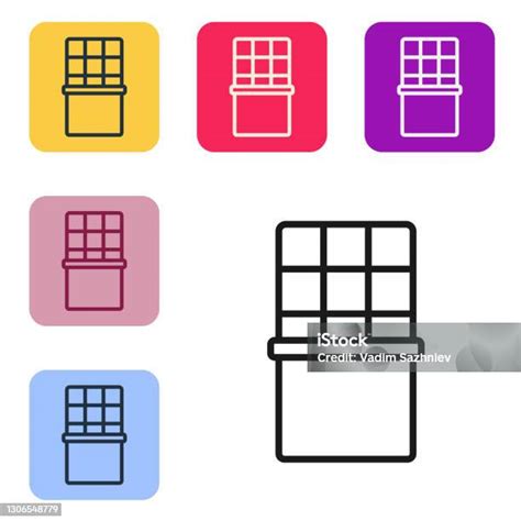 흰색 배경에 격리 된 블랙 라인 초콜릿 바 아이콘 색상 정사각형 단추로 아이콘을 설정합니다 벡터 0명에 대한 스톡 벡터 아트 및