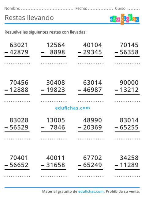 Restas Con Llevadas Hoja De Restas Para Imprimir En PDF